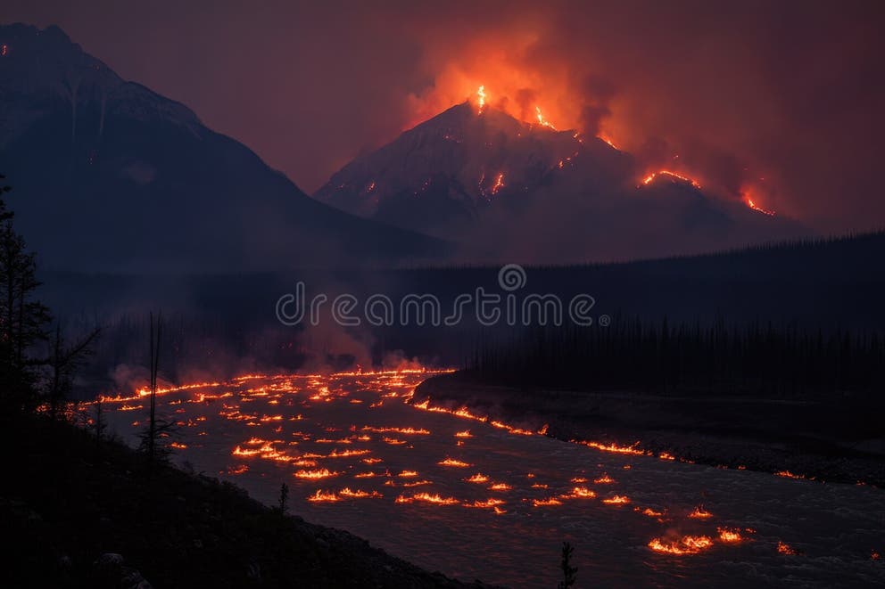 A Fire Burns in the Distance Behind a Mountain Stock Photo - Image of ...