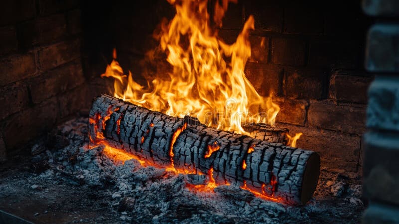 A Fire Burns in a Fireplace with a Brick Wall Stock Illustration ...