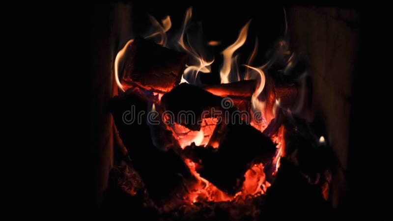 Fire Burns in the Fireplace. Fireplace with Flame Fire Ashes. Burning ...