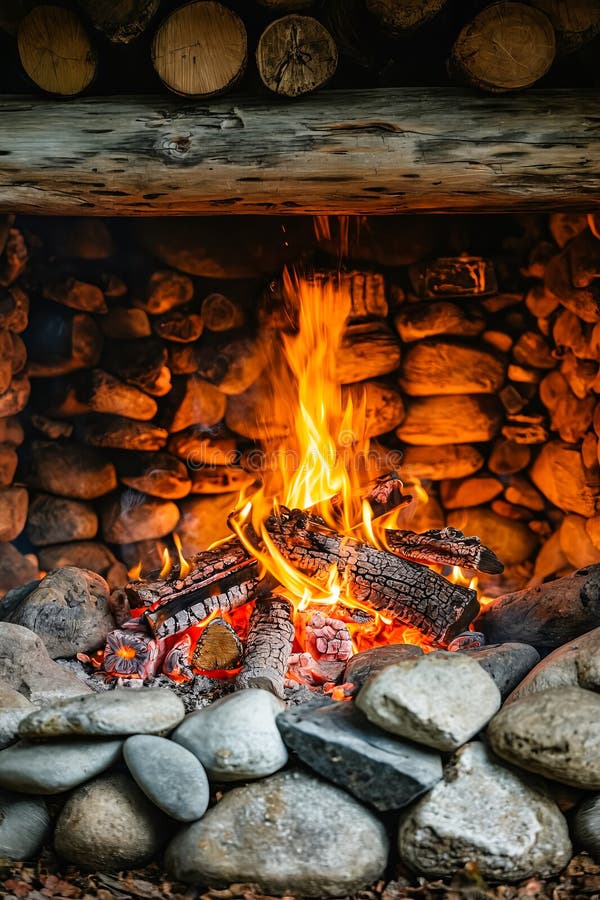 A Fire Burns in a Fireplace Surrounded by Rocks and Logs. Generative AI ...