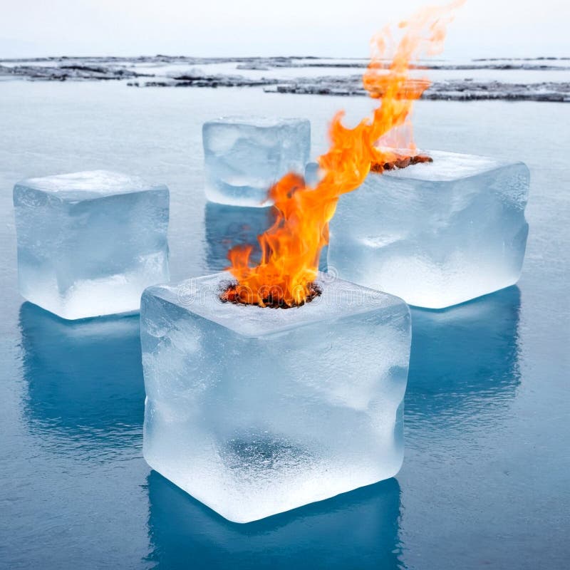 Ice Cubes Burning with Fire on Frozen Lake Stock Illustration ...