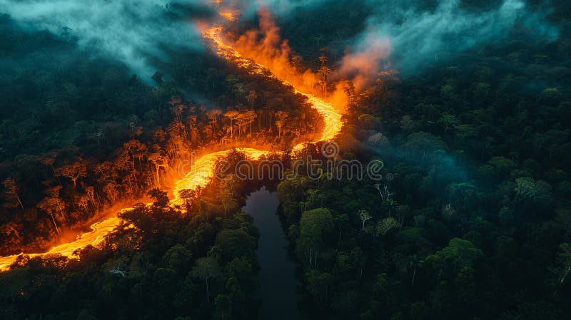 A Fire Burns through the Jungle Stock Photo - Image of lava, volcano ...