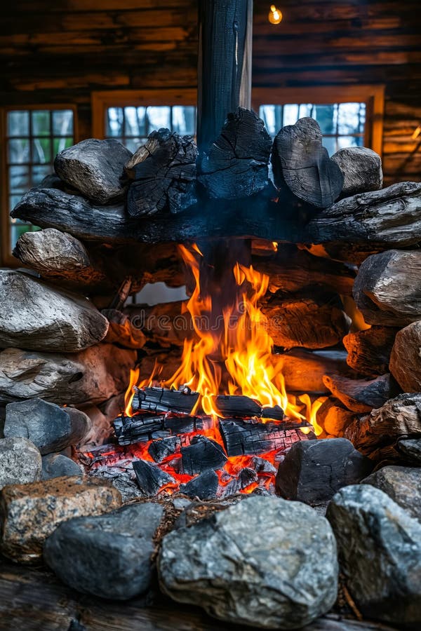 A Fire Burns in a Log Cabin with Rocks Around it. Generative AI Stock ...