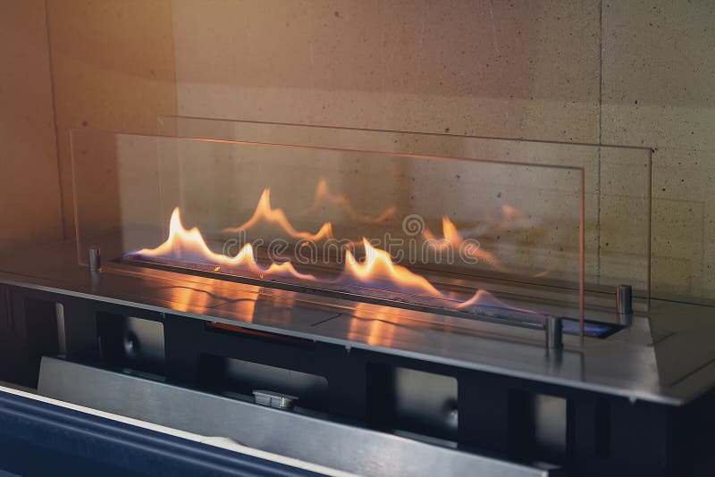 Fire Burns in a Modern Fireplace Stock Image - Image of house, chimney ...