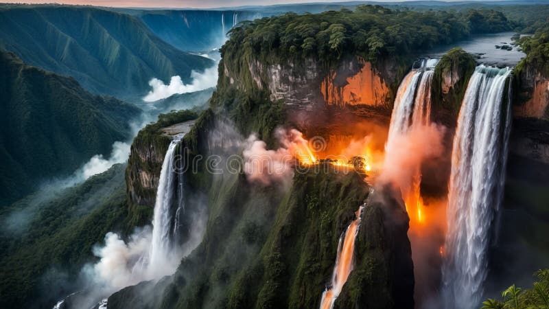 The Fire Burns Over Two Large Waterfalls As they Burn Over Some Cliffs ...