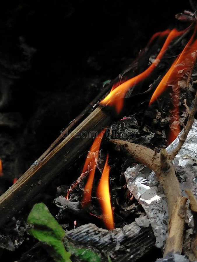 Fire Burns Plastic and Wood Stock Photo - Image of food, bonfire: 246367290