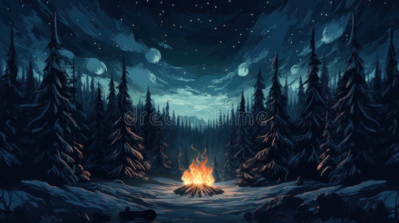 Fire Burns in the Snow in Forest, on a Background of Snow Covered Trees ...