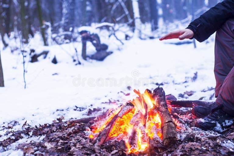 Fire Burns in the Snow in the Woods, a Background of Snow Covered Trees ...