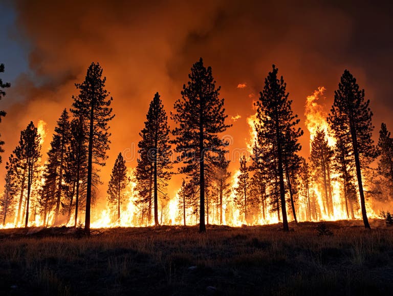 A Fire Burns through the Trees in a Field at Night Stock Photo - Image ...