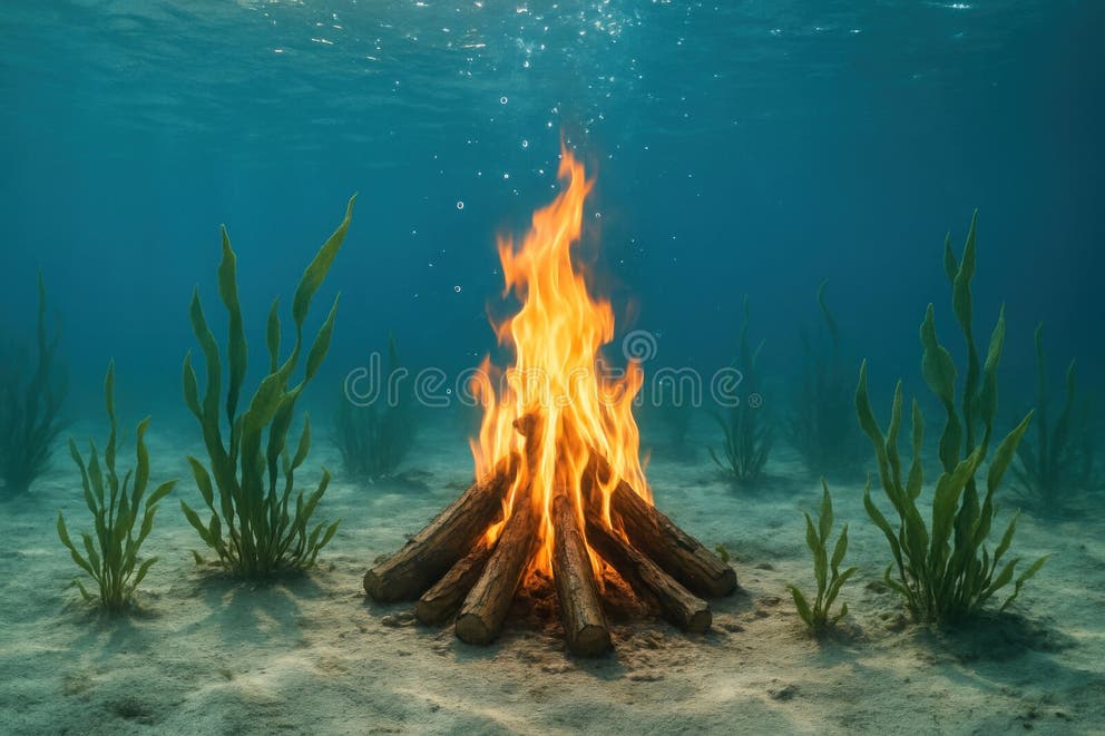 The Fire Burns Underwater among the Algae. Stock Image - Image of ...