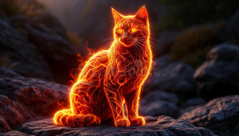 Fire cat stock illustration. Illustration of rocks, whiskers - 379076445