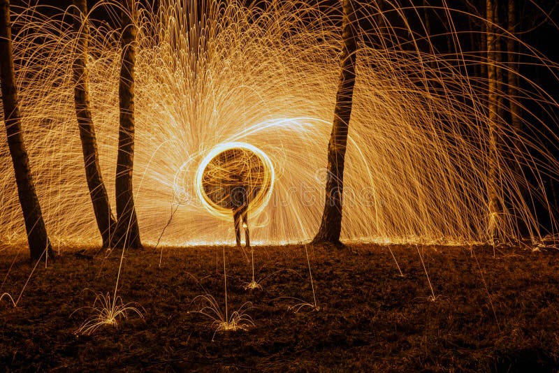 Fire Circle Spinning from Steel Wool Creating Spiral Spark Stock Photo ...