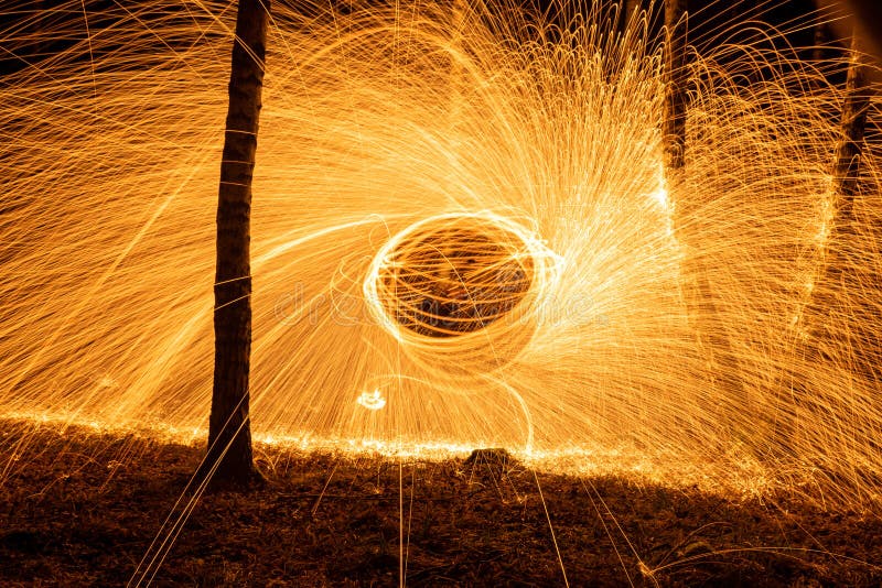 Fire Circle Spinning from Steel Wool Creating Spiral Spark Stock Photo ...