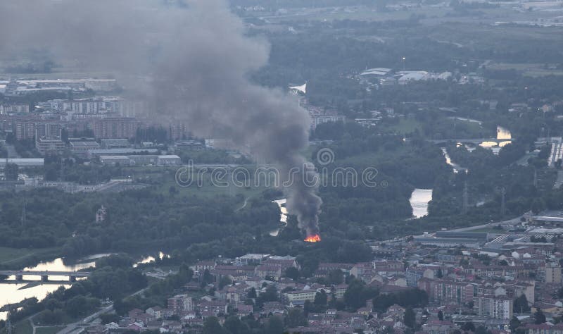 Fire on the City in Evening and Black Dense Smoke Stock Image - Image ...