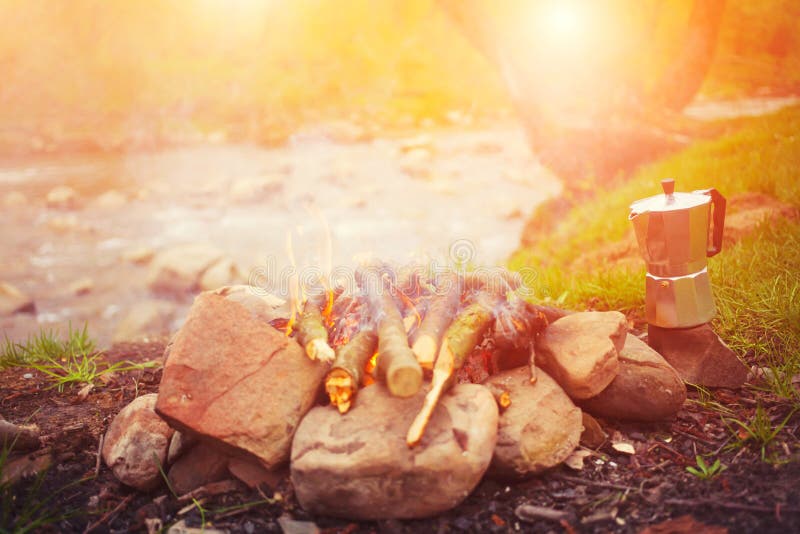 The Fire in the Clearing Near the River. Stock Image - Image of nature ...