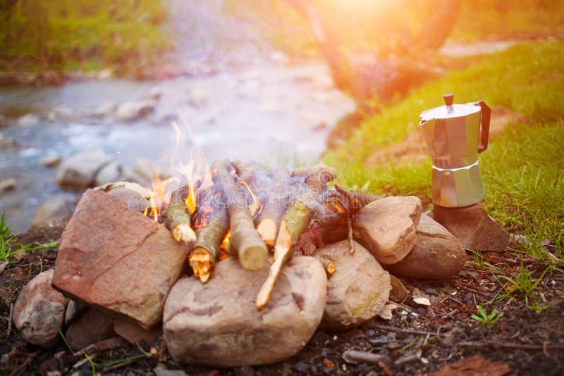 The Fire in the Clearing Near the River. Stock Image - Image of heat ...