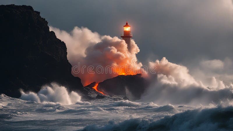 Fire in the Clouds the Lighthouse is Being Hit by a Large Wave of Lava ...