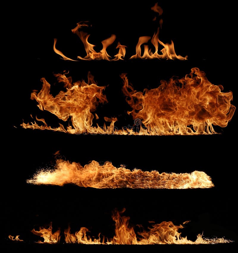 Fire Collection Set of Flame Burning Isolated on Dark Background for ...