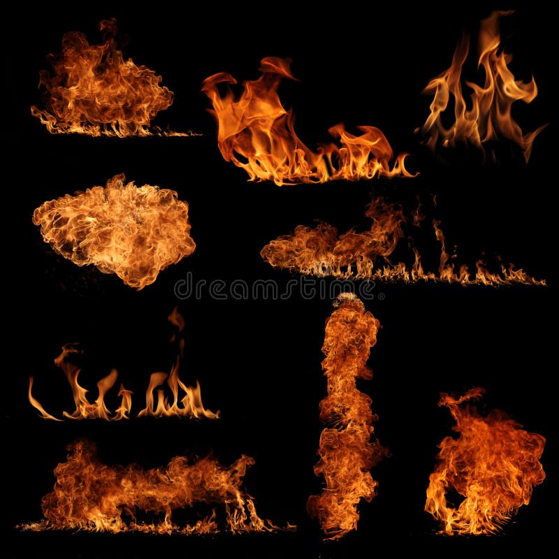 Fire Collection Set of Flame Burning Isolated on Dark Background for ...