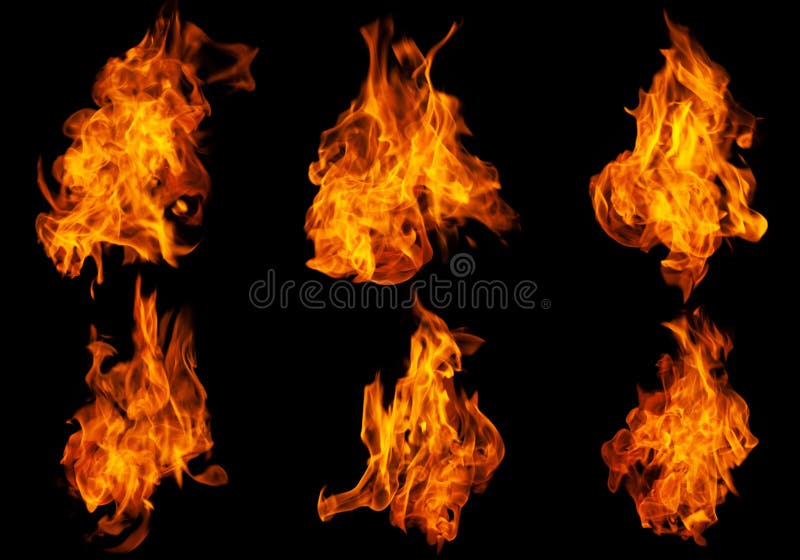 Fire Collection Set of Flame Burning Isolated on Dark Background for ...