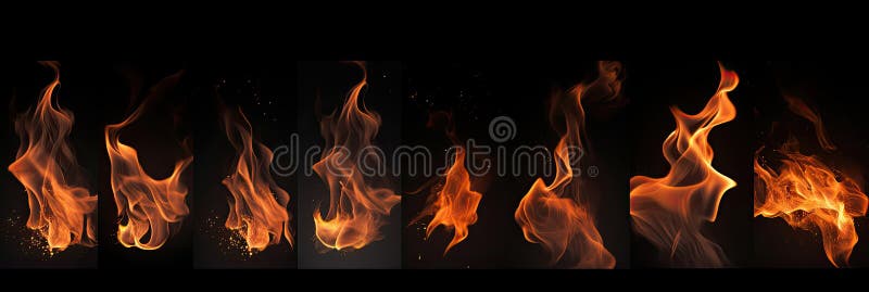 Fire Collection Set of Flame Burning Isolated on Dark Background for ...