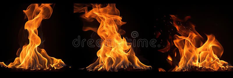 Fire Collection Set of Flame Burning Isolated on Dark Background for ...