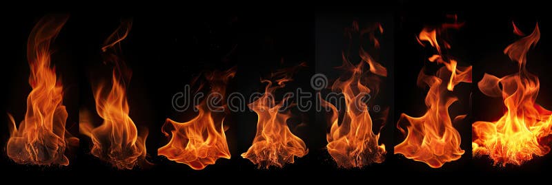 Fire Collection Set of Flame Burning Isolated on Dark Background for ...
