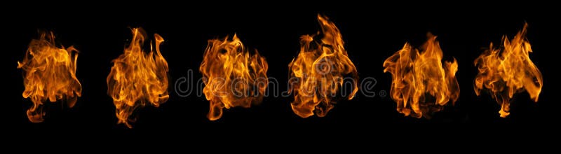 Fire Collection Set of Flame Burning Isolated on Dark Background for ...