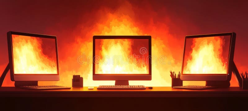 Fire on Computer Screens, Cybersecurity Concept Background with Intense ...