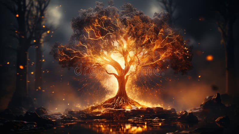 The Fire Consumes the Big Tree of Life in Forest Thuderstorm Background ...