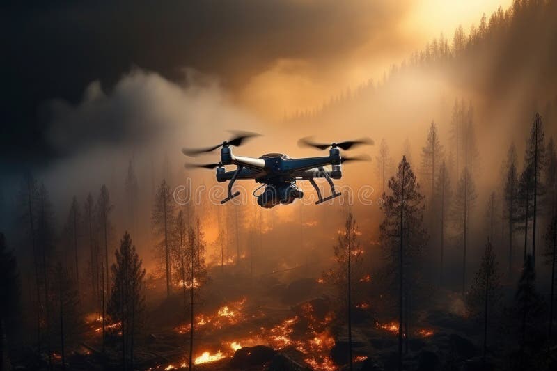 Fire Control Flying Robot Hovers Over a Blazing Forest Area. Stock ...