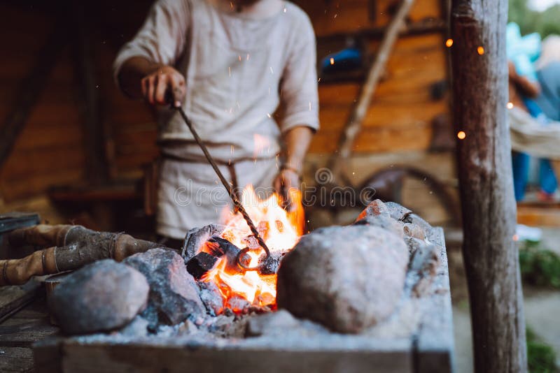 Fire Crackling in Blacksmith Workshop of Forging Metal. Anonymouse ...