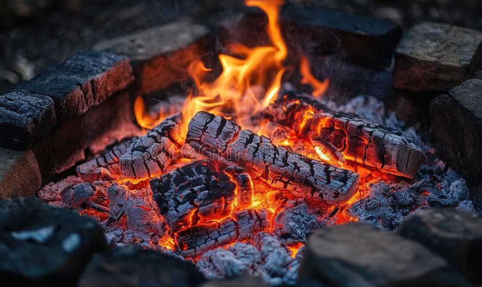 Fire Crackling in a Rustic Stone Hearth, Glowing Embers Stock Photo ...