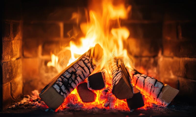 Fire Crackling in a Rustic Stone Hearth, Glowing Embers Stock Photo ...