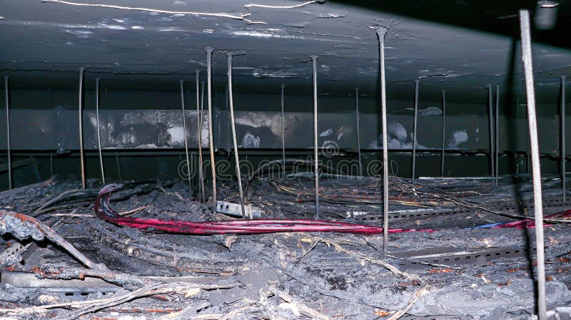 Fire Damage To Ceiling and Wires Stock Photo - Image of insulation ...