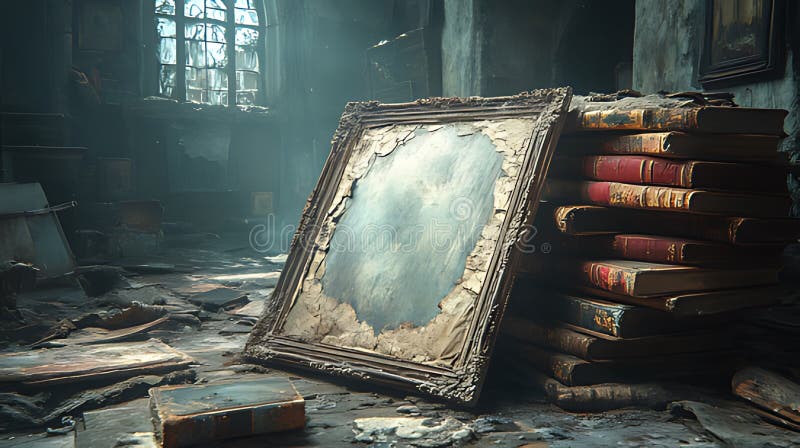 Fire-damaged Antique Frame, Books, Mansion Interior Stock Illustration ...