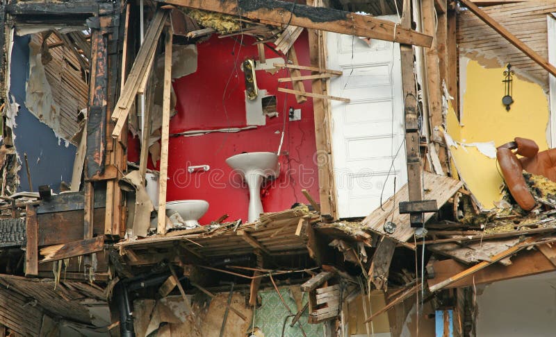 Fire Damaged Apartment Building Stock Photo - Image of debris ...