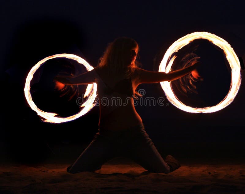 Fire Dance on the Beach at Night Stock Image - Image of abstract, dark ...