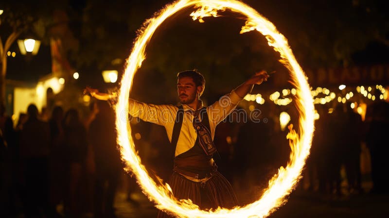A Fire Dancer Creates a Ring of Flames with a Torch Stock Illustration ...