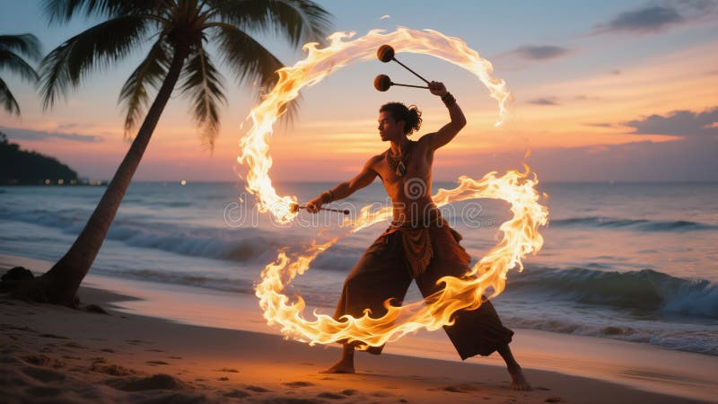A Fire Dancer Performs a Captivating Fire Show on a Tropical Beach with ...