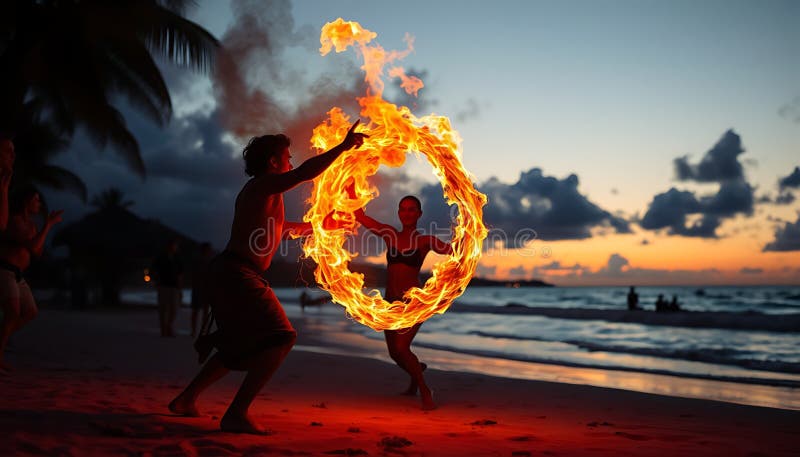 Fire Dancer Silhouette Sunset, Fire Performance, Beach Fire Dancer, Sunset Dance Art Generative ...