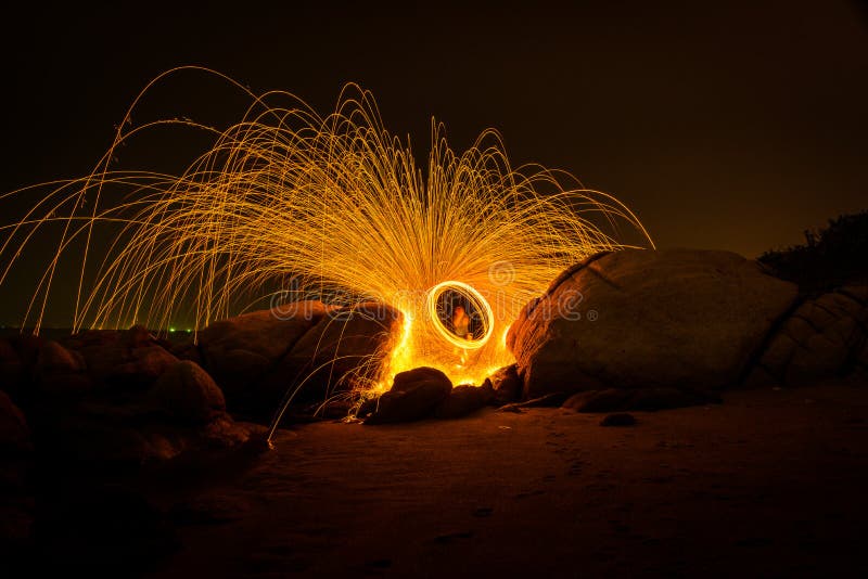 Fire Dancer Swing Fire Dancing Show on the Beach with Dark Clouds ...