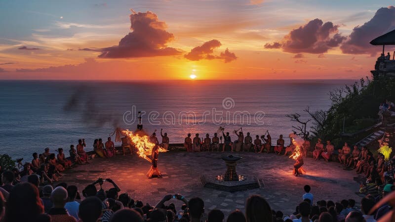 Fire Dancers Perform at Sunset on a Cliffside Stage Stock Image - Image ...