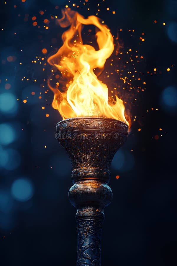 Fire Dances Atop an Ornate Torch Surrounded by a Blurred Forest ...