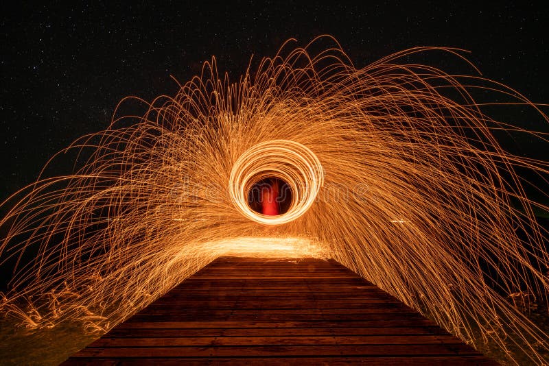 Fire Dancing Show Swing Lighting Effects Circle on Bridge Dark Sky on ...