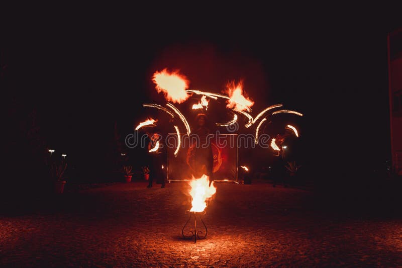 Fire Dancing Shows at Night. Amazing Fire Show As Part of Wedding ...