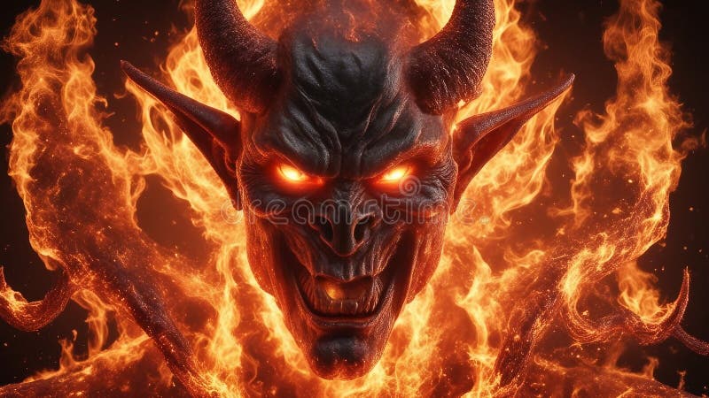 Fire in the Dark, Evil Face Horned Demon Burning Stock Illustration ...