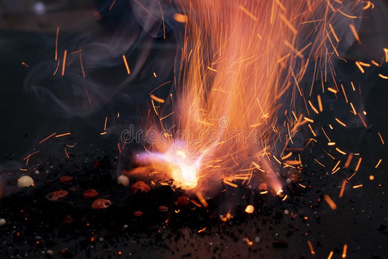 Fire in Dark. Explosion Black Powder Stock Image - Image of explosion ...