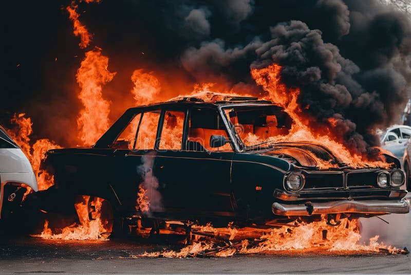 Fire destroyed a retro car stock illustration. Illustration of fire ...