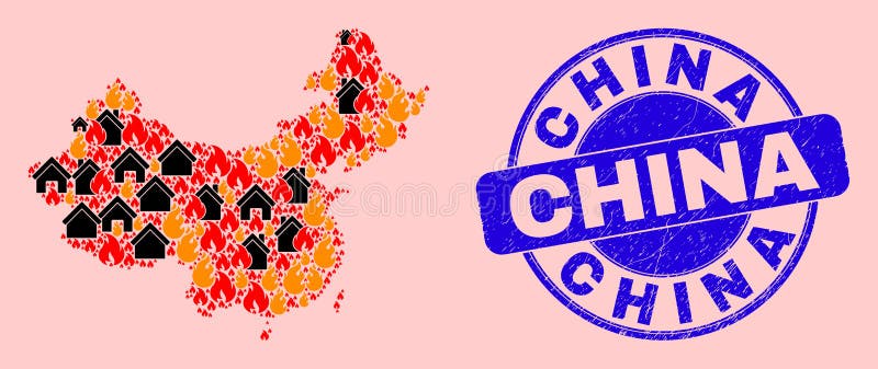 China Map Collage of Fire and Buildings and Grunge China Seal Stamp ...